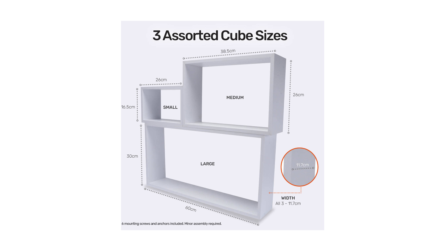 3Pce Floating Rectangle Shelves White - Small 16.5 x 26 x 11.7Cm/Medium ...