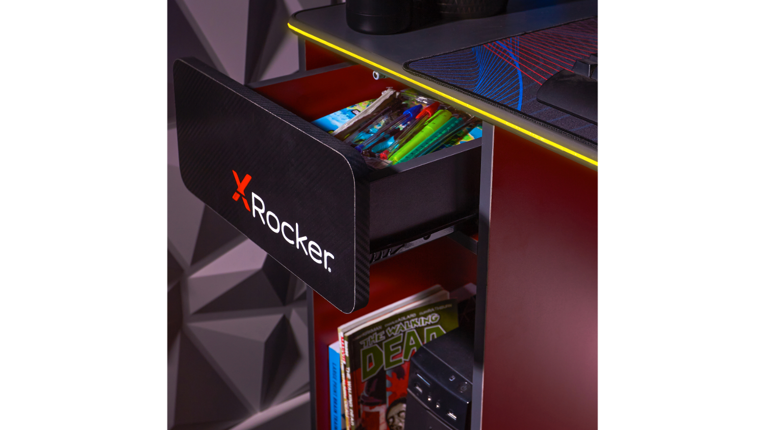 X Rocker Carbon-Tek Gaming Desk with LED Lighting, Wireless Charging ...