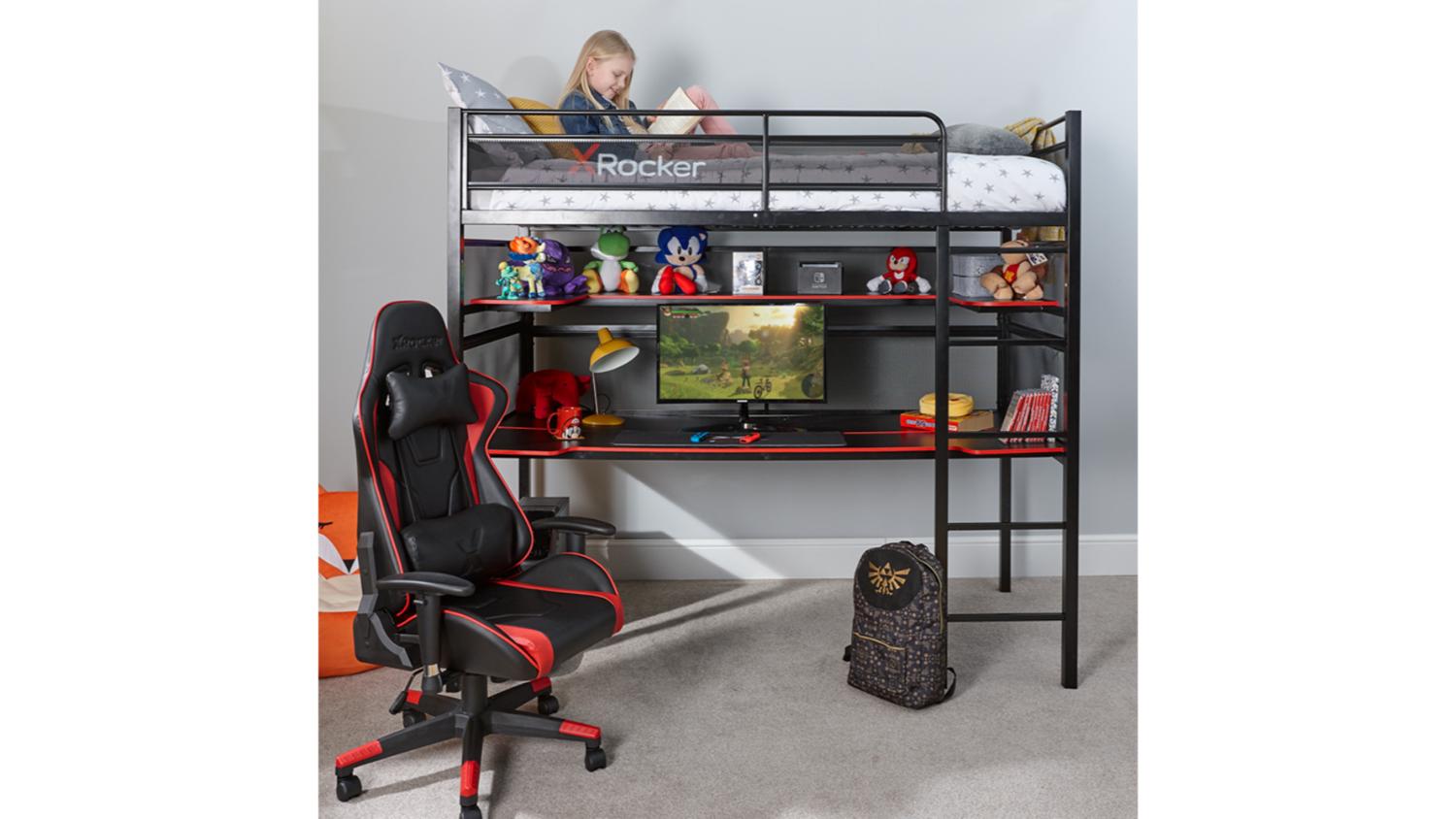 X Rocker BattleBunk Elevated Gaming Bed Frame with Desk, Shelf Cubby ...