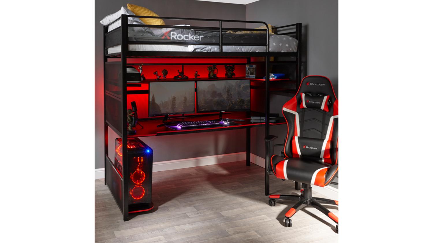 X Rocker BattleBunk Elevated Gaming Bed Frame with Desk, Shelf Cubby ...