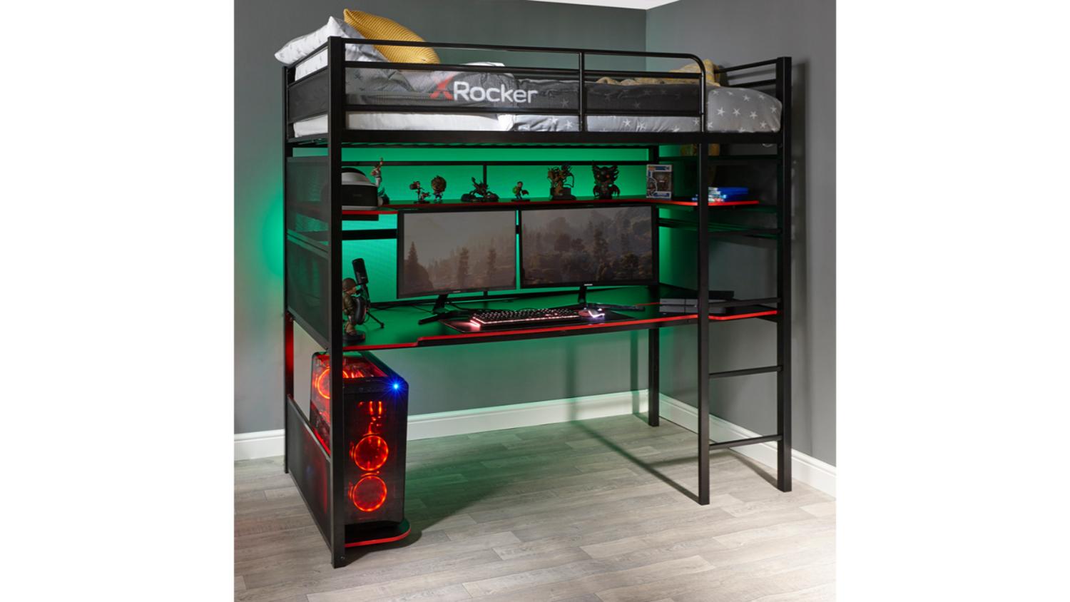 X Rocker BattleBunk Elevated Gaming Bed Frame with Desk, Shelf Cubby ...